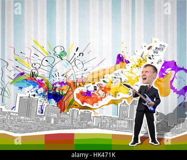 Young businessman playing guitar at composite collage background Stock ...