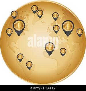 global sphere with bitcoins icon over white background. colorful design ...