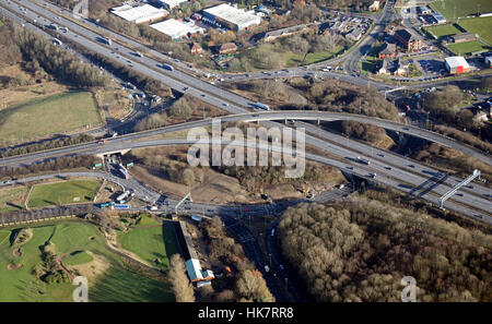 aerial view of Junction 26 of the M62 motorway at Cleckheaton where the ...
