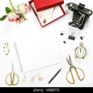 vintage retro camera and pink rose flowers bouquet with blank photo ...