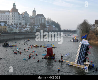 Donau, Germany. 28th Jan, 2017. Water rescuers jump from the 'Trumpolin ...