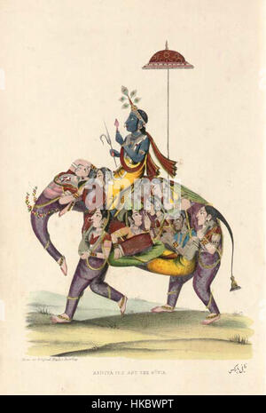 This artwork depicts the Hindu god Krishna approaching the citadel of ...