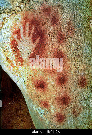Famous prehistoric rock paintings. Drawings of ancient people on a blue ...