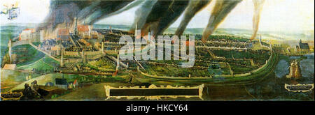 A historical painting depicting the Great Fire of London, with notable ...