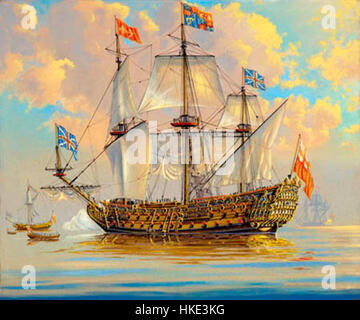 British Royal Navy warship HMS Powerful (1783), in battle firing ...