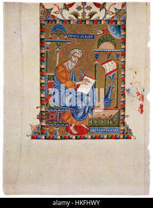 Medieval illuminated manuscript of Matthew the Evangelist, shown seated ...