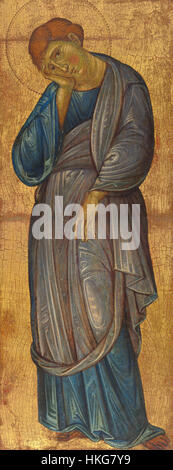 This artwork depicts St. John the Evangelist writing, with his symbol ...