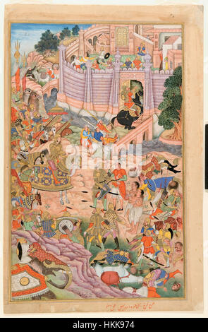This artwork depicts the 16th-century Mughal emperor Akbar overseeing a ...