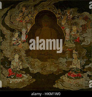 A Japanese Buddhist painting depicting Amida Buddha descending with 25 ...