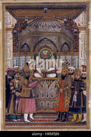 This historical painting depicts the Mughal emperor Akbar II with his ...
