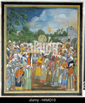 This artwork depicts the Mughal Emperor Akbar in a moment of prayer ...