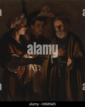 In this painting by Adam de Coster, a young woman is shown holding a ...