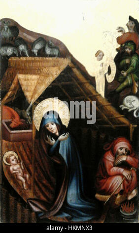 A Franco-Flemish oil painting of the Adoration of the Child, depicting ...