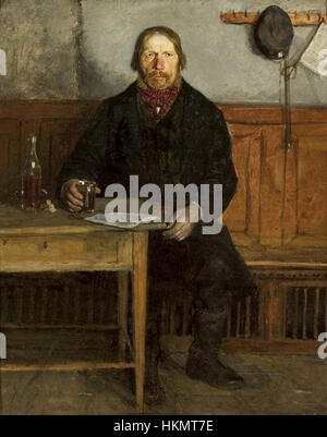 A rustic interior scene depicting figures engaged in various activities ...