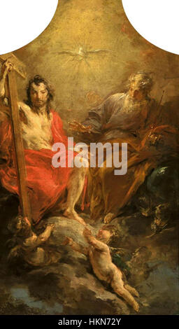 This religious painting depicts the Holy Trinity surrounded by various ...