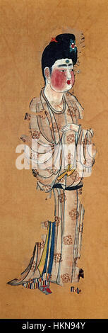 This artwork depicts a woman from the Tang Dynasty wearing 'hufu,' a ...