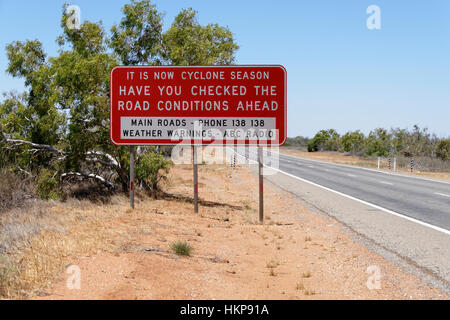Roadside Cyclone warning sign, Carnarvon, Western Australia Stock Photo ...