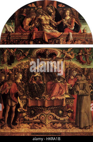 A painting by Carlo Crivelli, titled 'Madonna di Montefiore,' depicting the Virgin Mary in a ...