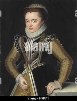 This painting, attributed to the Circle of Pieter Pourbus, portrays a woman dressed in a black ...