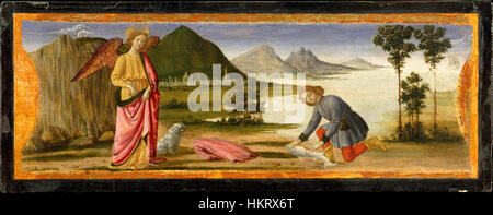 This artwork, titled 'Tobias and the Angel,' depicts the biblical scene ...