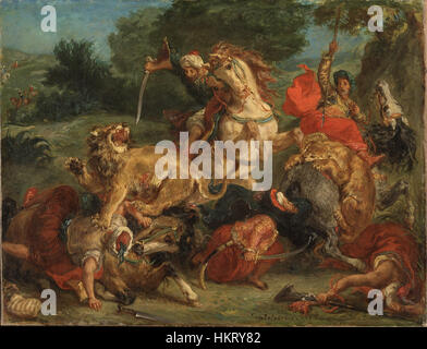 'The Lion Hunt' is a painting by Eugène Delacroix, depicting a dramatic ...