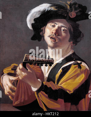 The painting 'A Man Playing a Lute' depicts a figure engaged in playing ...