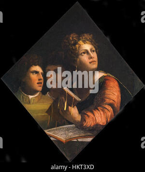 This oil painting by Dosso Dossi, titled 'The Holy Family,' depicts a ...