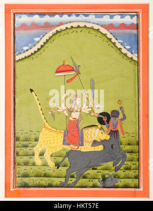 This artwork depicts the Hindu goddess Durga engaged in battle with the ...