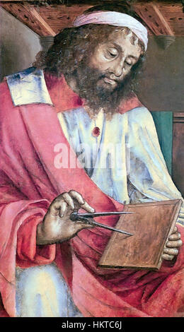 This historical artwork represents the ancient Greek mathematician ...