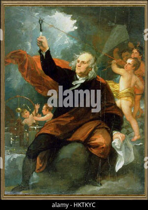 A depiction of Benjamin Franklin's famous lightning experiment in 1752, showcasing his ...