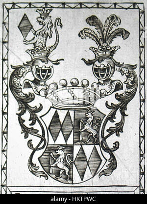 A historical artwork depicting the coat of arms and royal insignia of ...