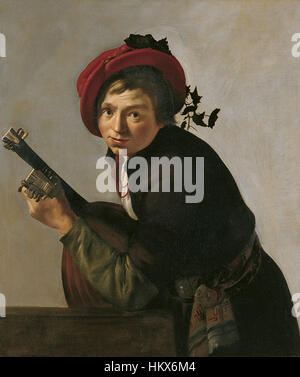 The painting 'A Man Playing a Lute' depicts a figure engaged in playing ...