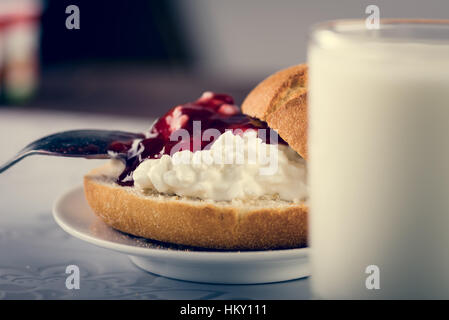 Milk products. Milk, cottage cheese, jam, yogurt with fresh ...