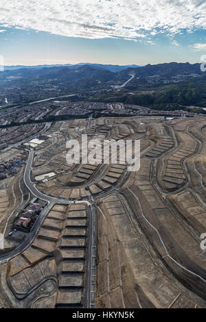 Aerial of view of graded dirt lots ready for new tract home ...