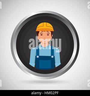 button with construction worker cartoon over white background. under ...