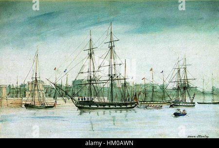 The HMS Beagle, a British Royal Navy ship, is depicted navigating the ...
