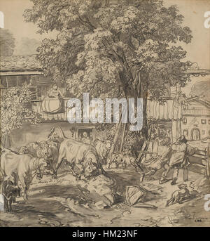 A dynamic scene captures a bullfighter and bull engaged in an intense ...