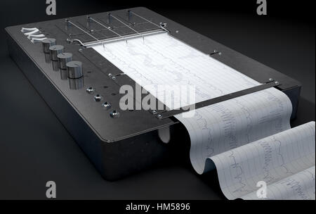 A 3D render of a polygraph lie detector machine drawing red lines on ...