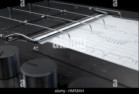A 3D render of a polygraph lie detector machine drawing red lines on ...