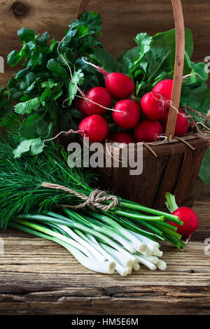 Sack with fresh raw red radish. Copyspace. Old wooden desk background ...