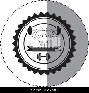 sticker border with muscle man lifting a disc weights and label vector ...