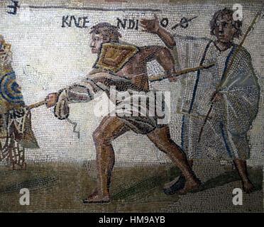 Madrid. Spain. Secutor versus retiarius, Roman mosaic, 3rd century ...