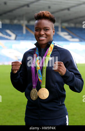 Double Olympic Gold Medallist Nicola AdamsÂ OBE during the press conference at Elland Road ...