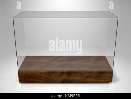 An empty rectangular glass display case with a wooden base on an ...