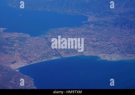 Aerial view of the Isthmus of Corinth connecting mainland Greece with ...