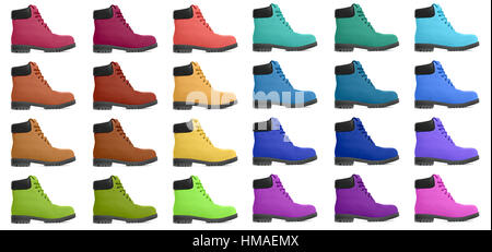 Set of multicolored boots. Side view. Isolated on white background ...