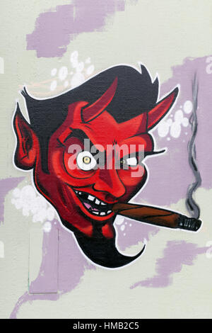 Red devil smoking cigar, graffiti, urban art, street art, Düsseldorf ...