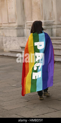 Rainbow flag with the word PACE Peace in Italian waving on the tower in ...