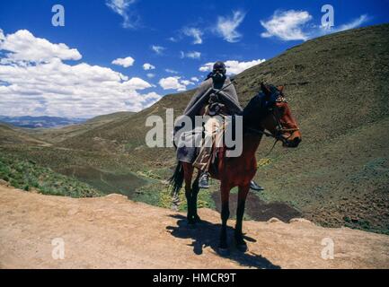A Basotho man on horseback in the village of Semonkong in Lesotho Stock ...