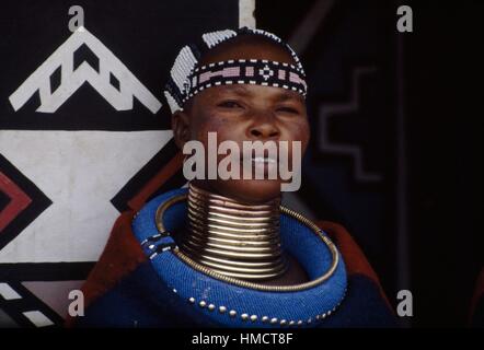 Ndebele woman wearing idzilla, bronze or copper neck rings, South ...